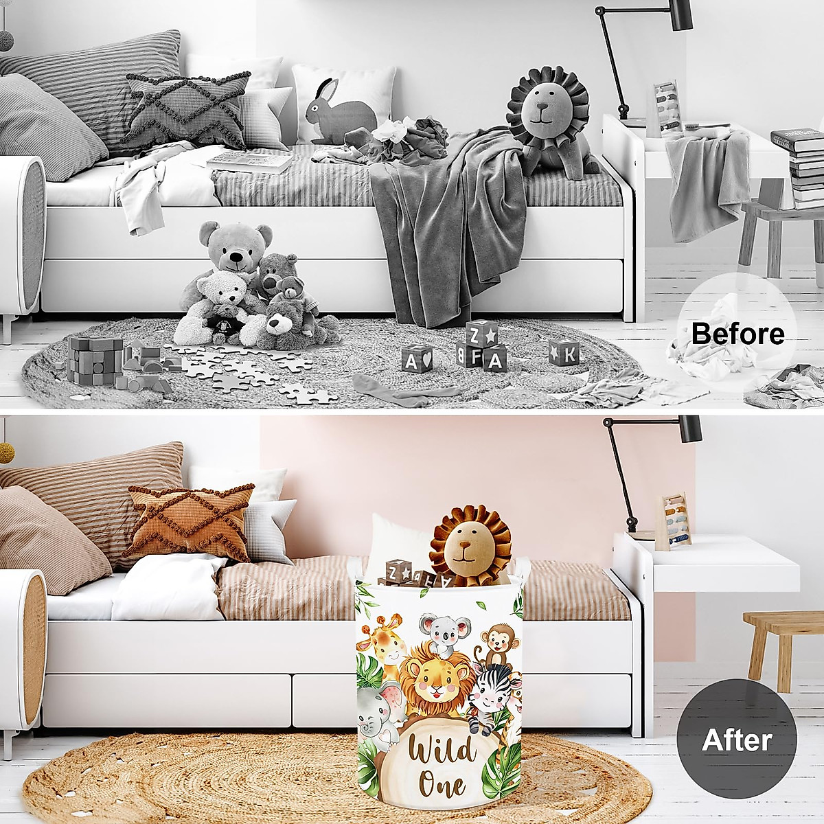 Clastyle 45L Large White Jungle Animals Elephant Kid Laundry Hamper with Handle Collapsible Lion Koala Giraffe Clothes Toy Storage Basket with Lid for Nursery