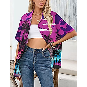 LILYCHIC Womens Hawaiian Tops Summer Floral Print V Neck Shirt Short Sleeve Tropical Beach Luau Party Outfits Purple XL