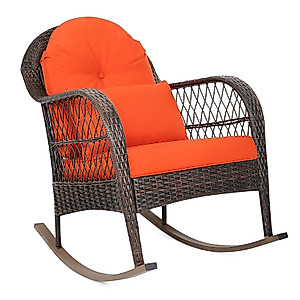 Tangkula Outdoor Wicker Rocking Chair, All- Weather Rattan Armchair w/Heavy-Duty Steel Frame, Patio Glider Rocker Chair w/Thick Cushions & Lumbar Pillow for Poolside, Garden, Porch, Backyard
