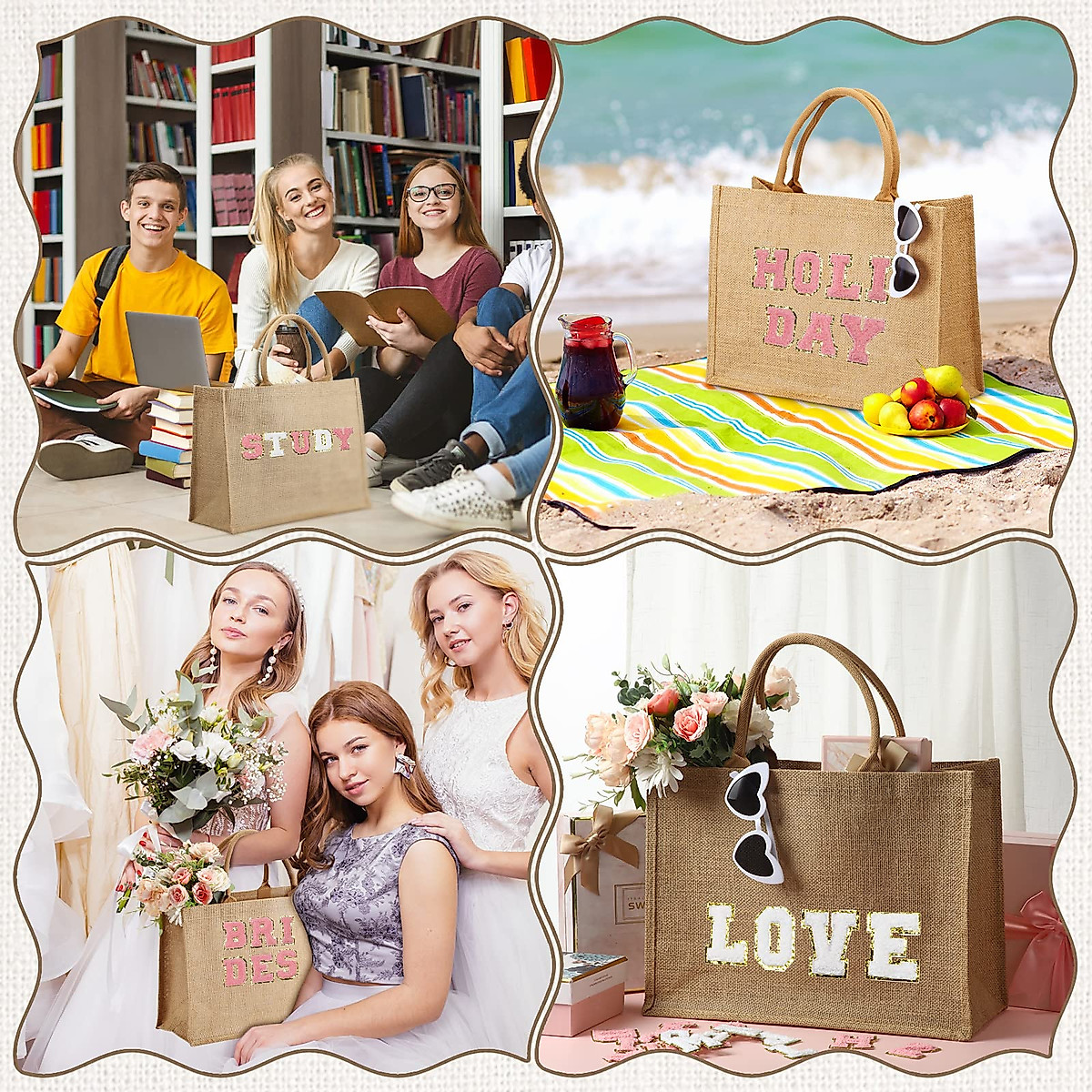 6 Pcs Burlap Jute Tote Bags Bulk Bachelor Party Large Blank Burlap Bags with Handles 6 Pairs Heart Shaped Glasses White Heart Glasses 2 Sets A-z Iron on Letter Patches Glitter Border Repair Patches