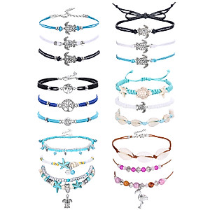 LOYALLOOK 18Pcs Anklet Bracelets for Women Ankle Chain Turtle Wave Anklet Beach Ankle Bracelets Foot Jewelry for Women