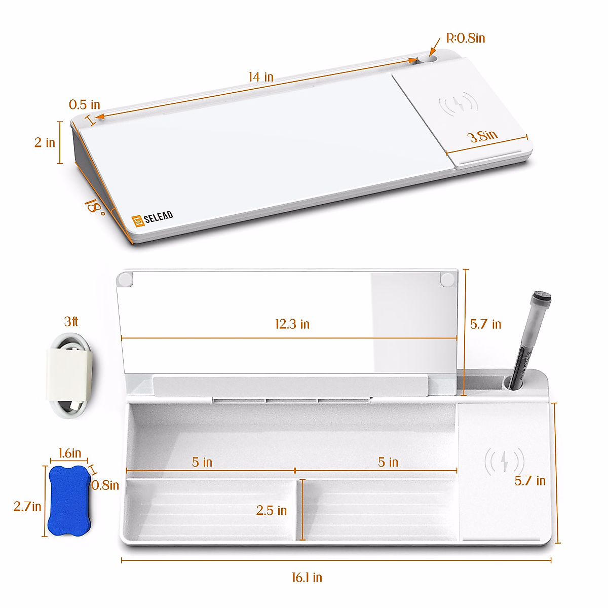 SELEAD Desktop Glass Whiteboard with Wireless Charger Station & Built-in Mirror, Dry Erase Board Computer Pad Keyboard Stand with Organizer for Home, School, Office Desk Accessories, White