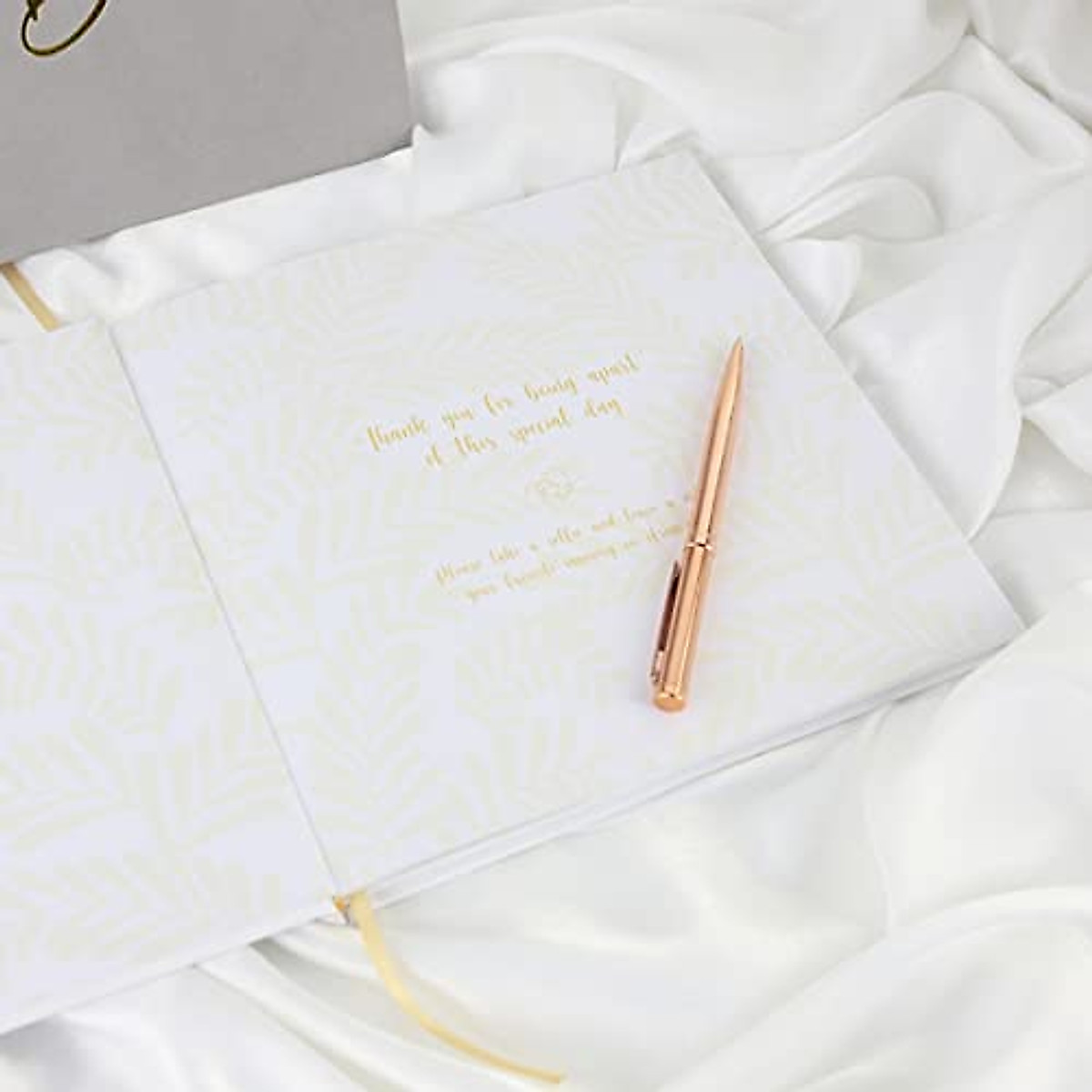 DHGFAMI Wedding Guest Book - 100 Page/50 Sheets – for Wedding, Reception, Engagement, Baby Birthday - White Guestbook w/Bookmark & Gold Floral Pattern Foil Gilded Edges (White)