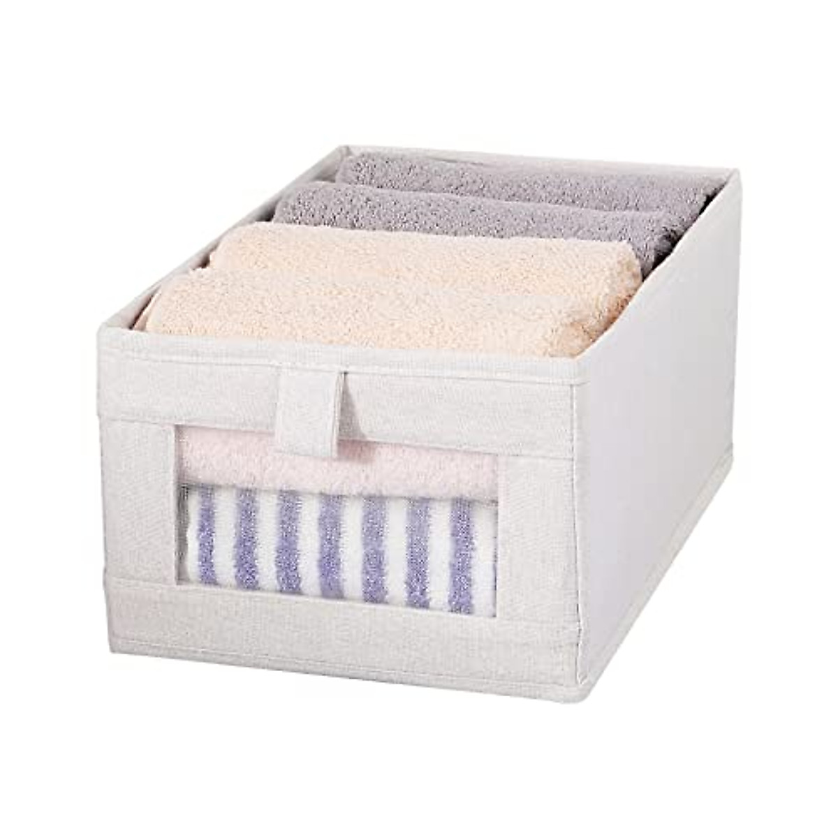 LaMorée Fabric Storage Bin Box Rectangular Cotton Linen Storage Basket Cube with Thick PP Board Clear Mesh Window Foldable Decorative Nursery Home Office Organizer Container – Beige, Small