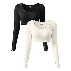 OQQ Women's 2 Piece Crop Top Workout Long Sleeve Yoga Exercise, Black,beige, Small