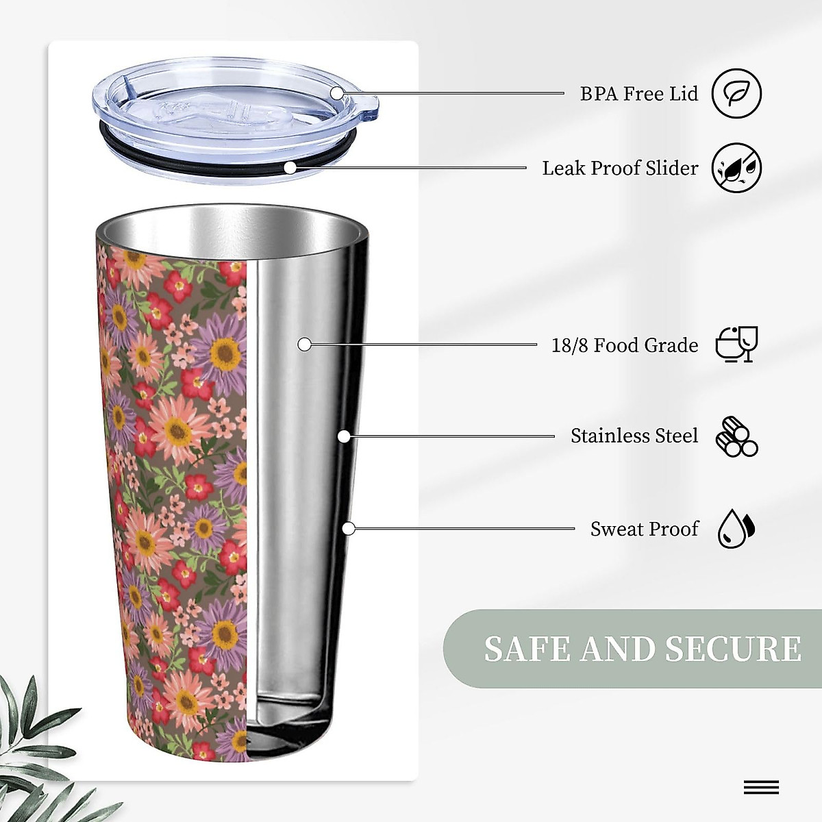 Yaxongx 20oz Tumbler Graceful Daisy Double Wall Vacuum Insulated Coffee Mug with Lid and Metal Straw Brush Reusable Stainless Steel Water Bottle Travel Cup Gifts for Car Ice Drinks Hot Beverage