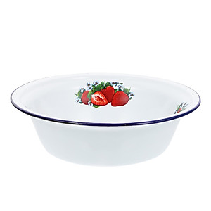 Yardwe Vintage Enamel Bowl Rustic Enamelware Basin Multi- Food Serving Bowl Blue Rim 7.9 Inch (Strawberry Pattern)