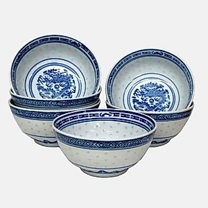 Newquay-Bonsai Bowl Set of 6 small Oriental Chinese Porcelain Decorated Blue and White Rice Bowls MA Bowl 10cm/4" Dia & deep Ceramic Rice Pattern Guaranteed quality