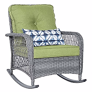 VONZOY Outdoor Rocking Chairs, Wicker Patio Furniture with Green Thickened Cushion for Porch Balcony Deck