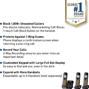 Panasonic Cordless Phone with Answering Machine, Advanced Call Block, Bilingual Caller ID and Easy to Read High-Contrast Display, Expandable System with 3 Handsets - KX-TGD833M (Metallic Black)