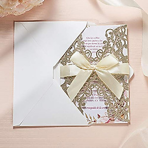 AdasBridal 50Pcs Glitter Floral Laser Cut Wedding Invitation Cards with Envelope Blank Inner Sheet and Ribbon for Wedding Engagement Bridal Shower Party Invite(7.09 X 4.92inch, Gold)