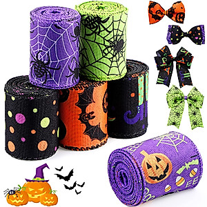 6 Rolls 30 Yards Wired Edge Ribbons - Bat Spider Web Printed Ribbons with Witch Legs, Skull, Pumpkin Designs - Perfect for Halloween Home Decor, Wreaths, DIY Crafts and Floral Bows