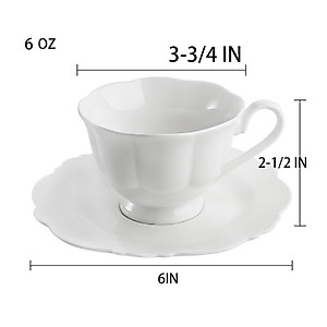 Jucoan Set of 6 Porcelain Tea Cups and Saucers, Bone China Tea Cup Set, 6 oz White Porcelain Tea Set, Coffee Cups, Espresso Cups for Latte Tea, British Tea Cups Gifts for Wedding Birthday