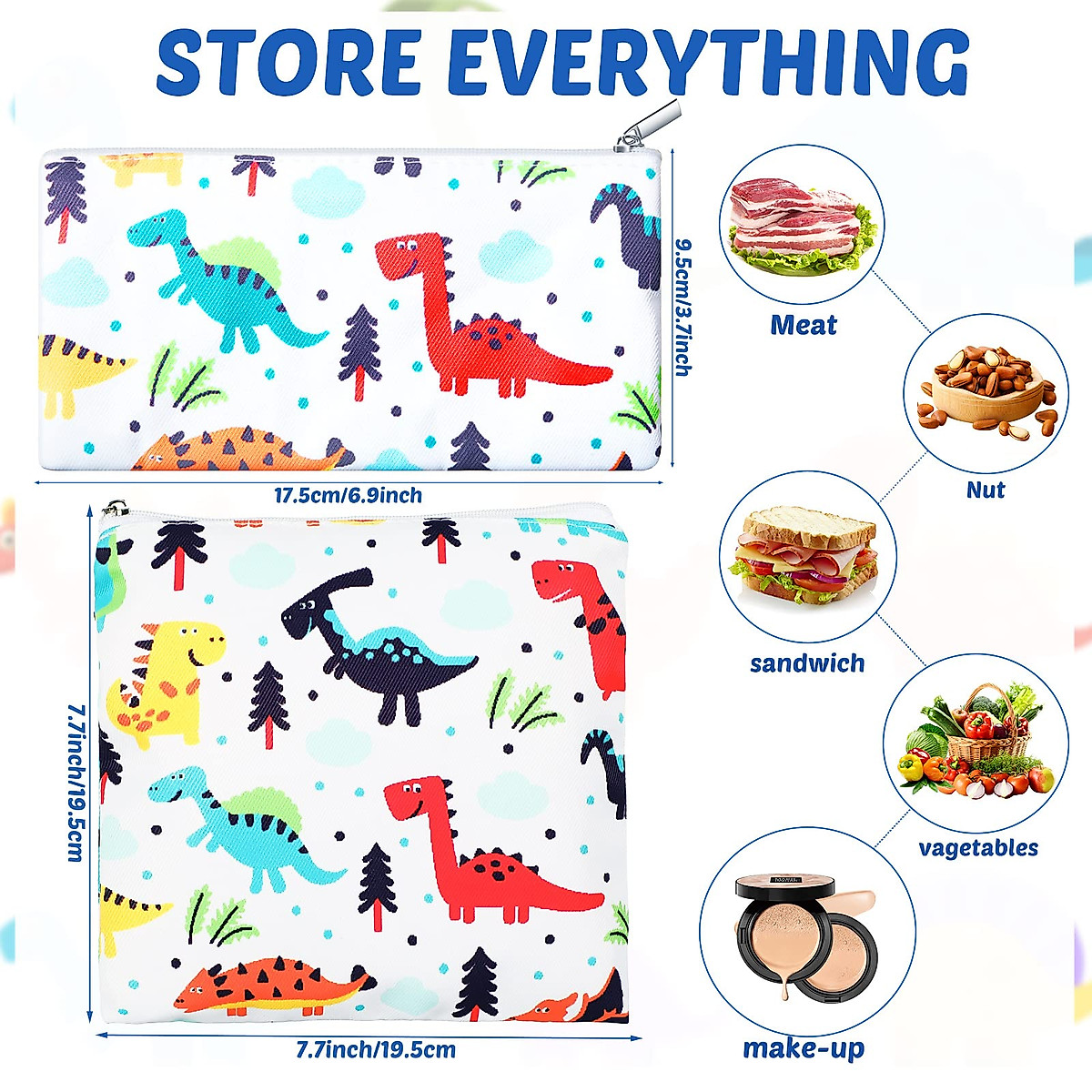 12 Pieces Reusable Snack Bags for Kids Zipper Snack Pouches Washable Silicone Sandwich Bags Food Safety Snack Bags Dual Layer Bag (Funny Style)