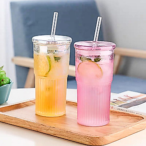 Glass Coffee Cups with Lids and Straws, 20 OZ Pink Iced Water Glasses Tumblers for Ice Juice, Tea, Milk, Smoothie and Cold or Hot Drinks, Set of 2