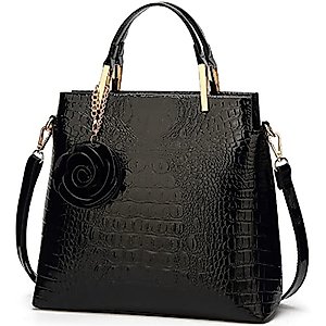 XingChen Shiny Patent Leather Women Handbag Crocodile Pattern Shoulder Bag Flower Pendant Top Handle Tote Satchel Purse Black