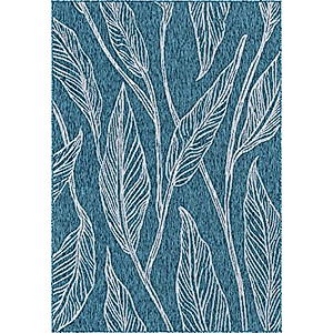 Unique Loom Outdoor Botanical Collection Area Rug - Leaf (6' 1" x 9' Rectangle, Teal/ Ivory)