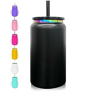 Glass Cups with Lids and Straws, 16 oz Stainless Steel Cups, Insulated Skinny Tumbler, Powder Coated Travel Mugs for Laser Engrave, Iced Coffee Cup for Smoothie Water DIY Gift (Black,1 pack)