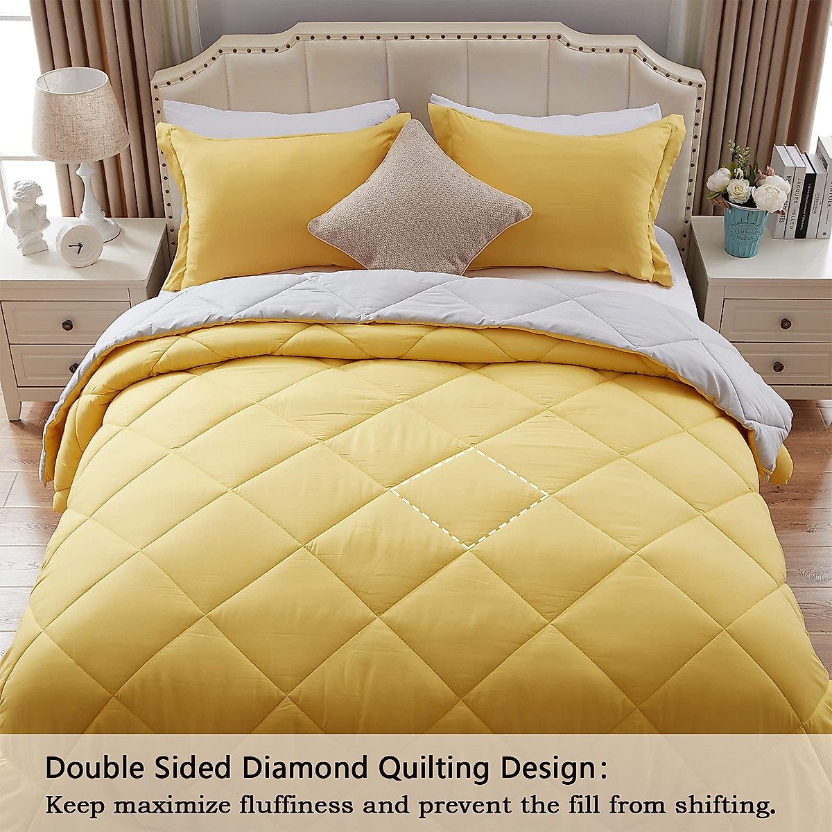 NexHome Lightweight Comforter Set King Size, Down Alternative Solid Comforter Set Thin Microfiber Reversible Summer Bedding Comforter with 2 Pillow Sham (King, Yellow/Light Grey)