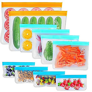 VEHHE 10 Pack Reusable Storage Bags, 2 Reusable Food Freezer Bags + 4 Reusable Sandwich Bags Washable + 4 Snack Bags Extra Thick Silicone Free Lunch Bags For Marinate Food Vegetable Meat Fruit