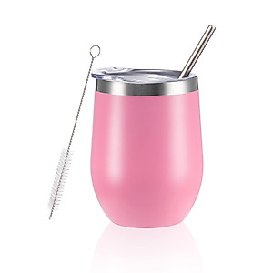 FristChoice 12 oz Insulated Wine Tumbler with Lid and Straw,Stainless Steel Stemless Wine Tumbler Glasses Double Wall Vacuum Wine Cups Tumbler Bulk for Coffee,Champaign,Cocktail,Office（Pink,1）