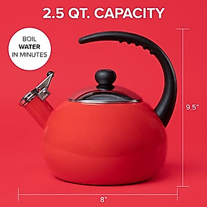 Farberware Luna Water Kettle, Whistling Tea Pot, Works For All Stovetops, Porcelain Enamel on Carbon Steel, BPA-Free, Rust-Proof, Stay Cool Handle, 2.5qt (10 Cups) Capacity (Red)