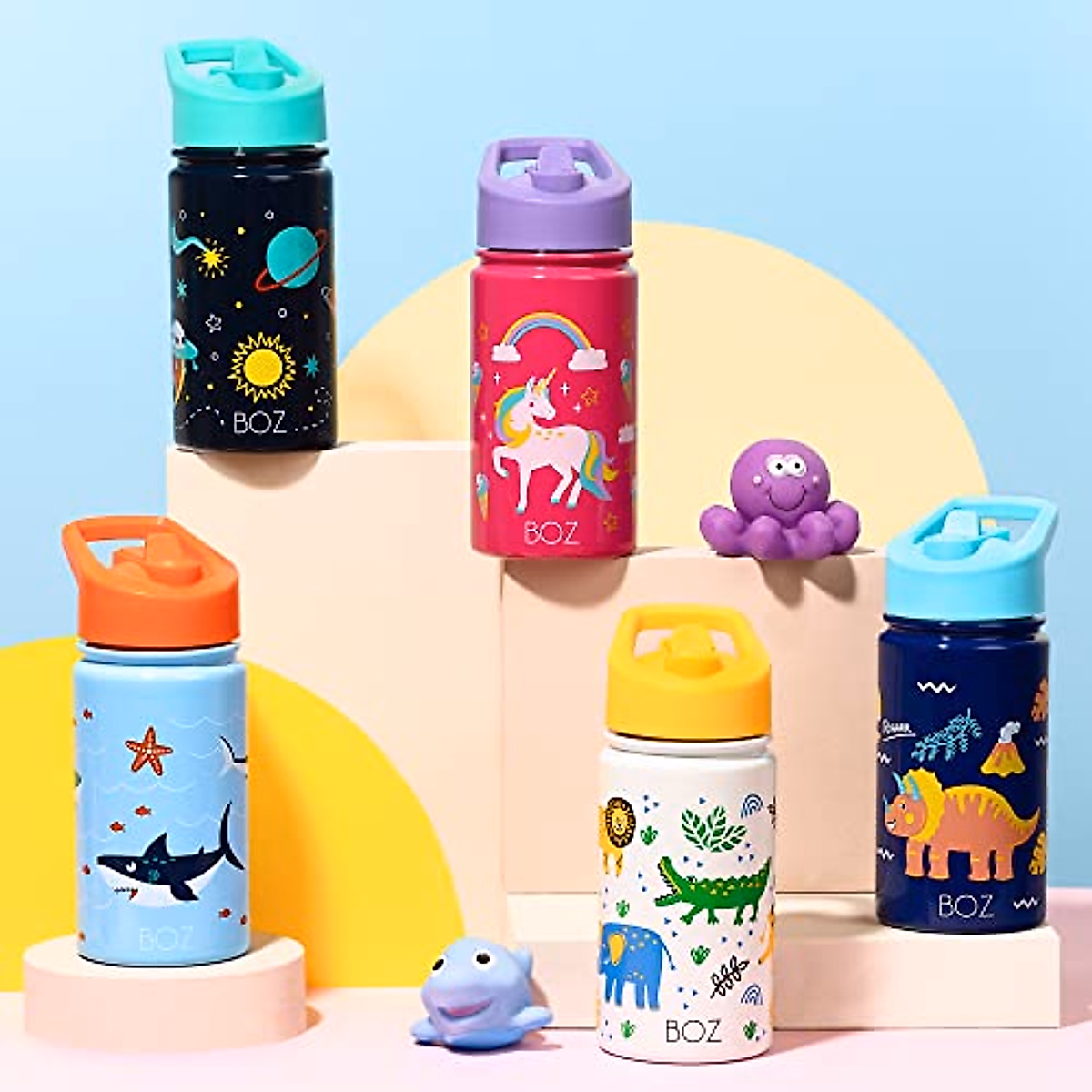 BOZ Kids Water Bottle for School with Straw Lid, Stainless Steel Insulated Water Bottle for Kids, Toddler Water Bottle, Leak Proof Water Bottle for Kids and Toddlers, 14 oz (414ml) (Safari)