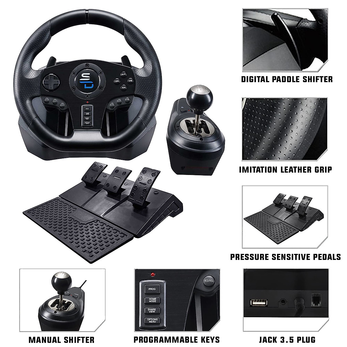 Superdrive - GS850-X racing steering wheel with manual shifter, 3 pedals, paddle shifters for Xbox Serie X/S, PS4, Xbox One, (programmable)
