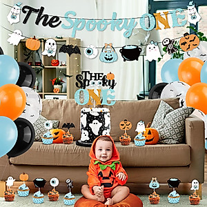 K KUMEED Halloween 1st Birthday Party Decorations,The Spooky One Banner Cute Ghost Eyeballs Pumpkin Cake Topper and Latex Balloons for Halloween First Birthday Boys Halloween Birthday Party Supplies