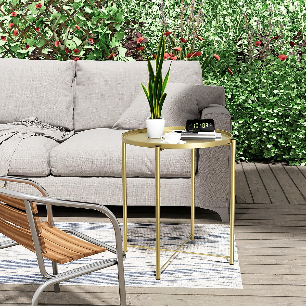 Fixwal Metal Side Table, Gold End Table for Small Spaces, Round Accent Side Table with Removable Tray for Living Room, Coffee Table for Bedroom Balcony and Office
