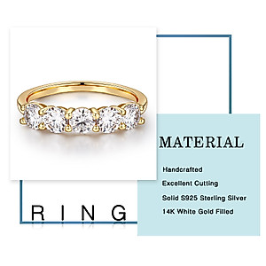 Moissanite 5 Stone Rings for Women, 3.75MM D Color VVS1 Clarity Conflict-Free Lab Created Diamond Anniversary Rings 14K Yellow Gold Filled Solid S925 Sterling Silver Moissanite Wedding Band for Women