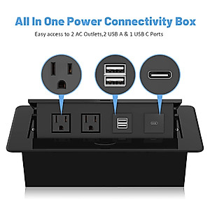 Pop Up Power Strip with PD 30W USB Ports, Recessed Power Grommet Outlet Hub Connectivity Box, Pop Up Outlets Socket for Table Conference Room Countertop, 2 AC Outlets, USB A and USB C Charging Ports