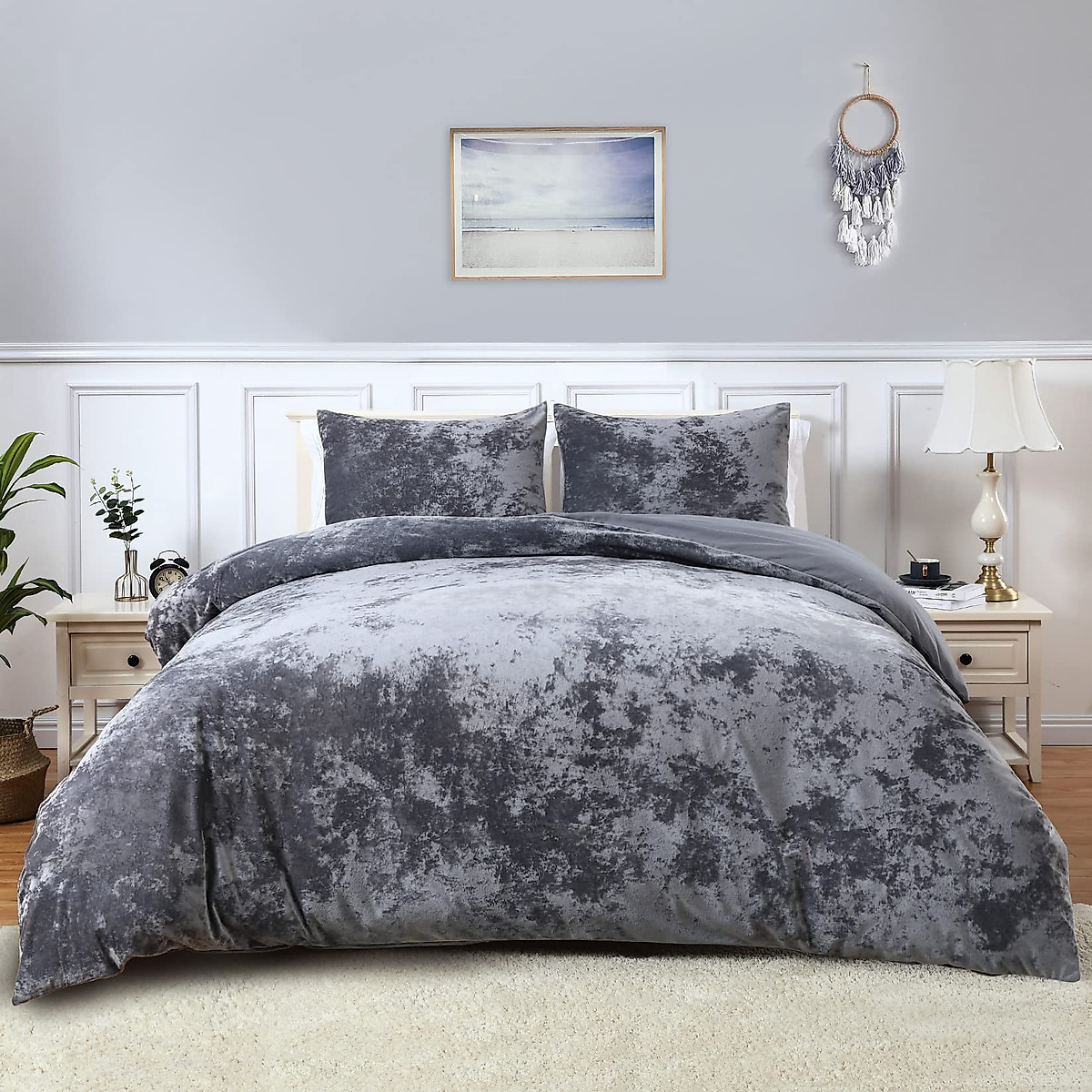 CROMIO Grey Velvet Duvet Cover King Size - Super Soft Flannel Bedding Set with Button Closure and Corner Ties - Luxurious Shimmery Comforter Cover Set for Home Decoration