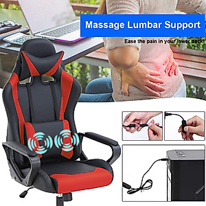 Gaming Chair Home Office Chair Racing Desk Chair with Lumbar Support Arms Headrest High Back PU Leather Massage Ergonomic Chair Rolling Swivel Adjustable PC Computer Chair for Women Adults Girls(Red)