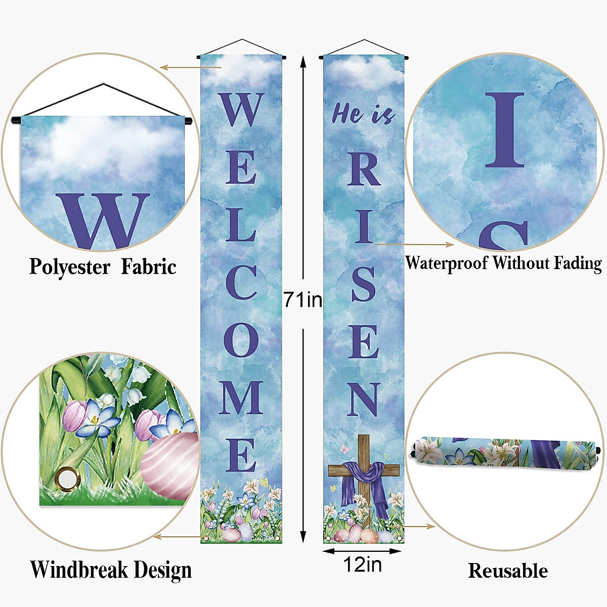 Pudodo He is Risen Porch Banner Easter Christian Cross Resurrection Religious Holiday Front Door Sign Wall Hanging Party Decoration