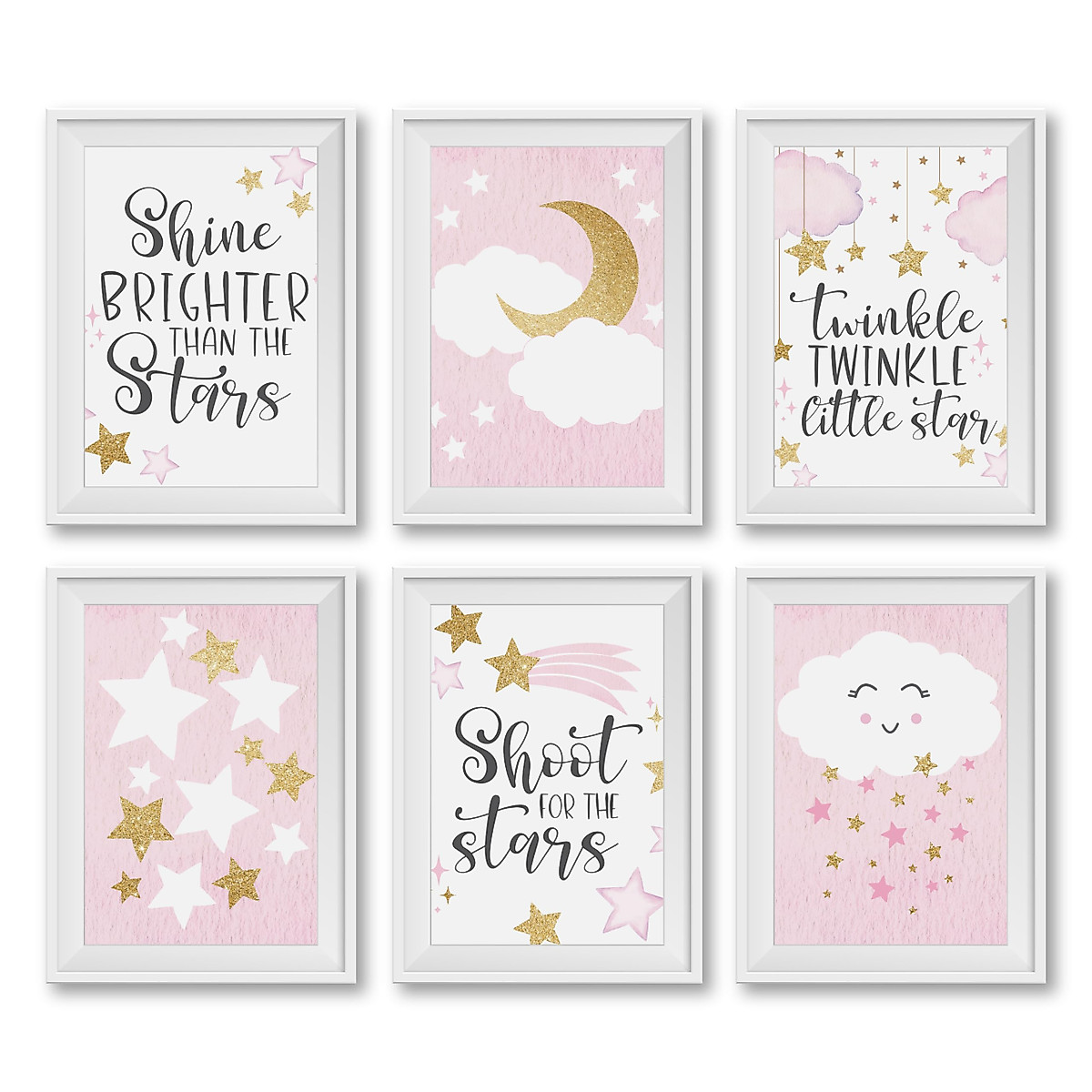 Hadley Designs 6 Reversible 8x10 Moon and Stars Nursery Decor Prints, Shower Decorations, Moon and Stars Wall Decor For Baby Girl Nursery Wall Art, Baby Girl Nursery Wall Decor For Girls Bedroom