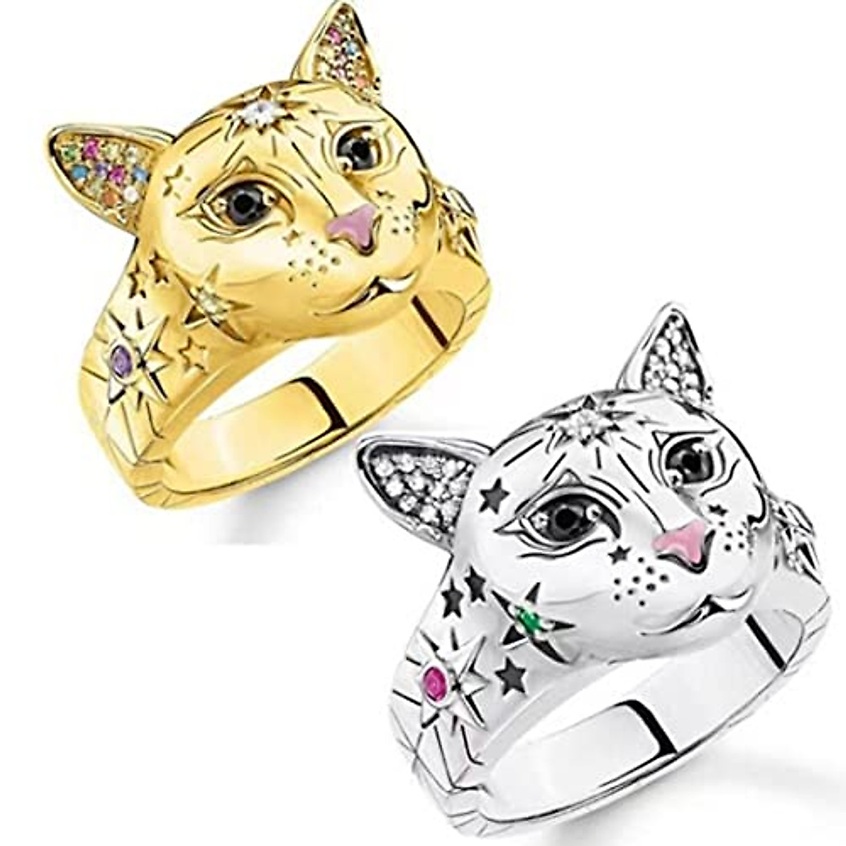CSIYANJRY99 Animal Ring Animal Cat Lovers Jewelry,Cat Rings Vintage Cute Animal Matching Cat Rings Adjustable Open Rings for Women Men Cat Lovers(B-W)