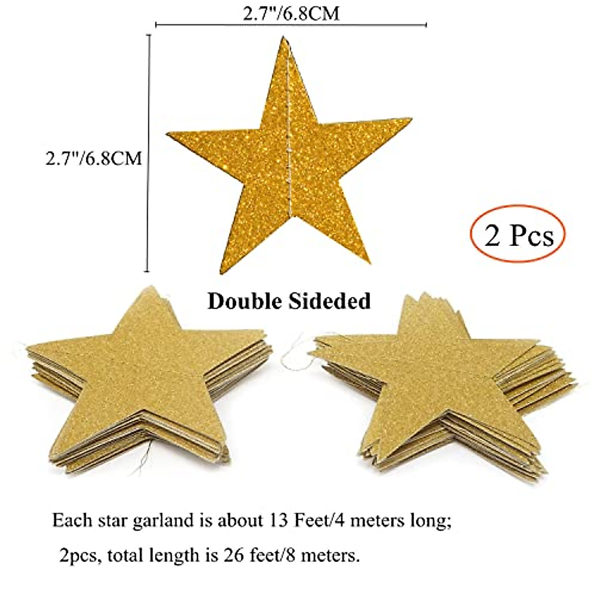 HBTPER 2 Pack Double Sided Gold Glitter Star Garland and 100 Pcs Gold Glitter Stars Confetti for Christmas Decor, Wedding Party Decor,Table Decor, Birthday Party or Gold Baby Shower Decorations