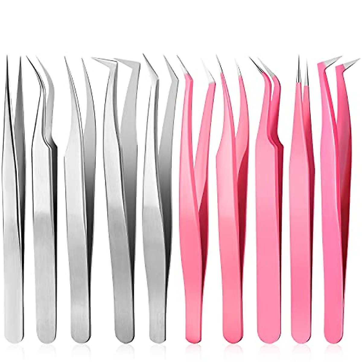 10 Pieces Eyelash Extension Tweezers Stainless Steel Curved Tweezers Volume Eyelash Tweezers Eyelash Isolation Tweezers Eyelash Application Tools for Eyelash Accessories, Silver, Rose Red, 5 Styles