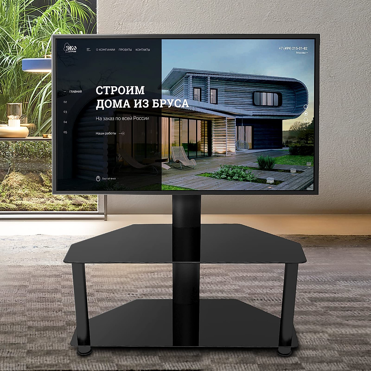 Afaloona Swivel Universal Corner TV Floor Stand with 2 Tier Storage Tempered Glass Shelves and Height Adjustable Entertainment Stand for 32-55 inch Flat or Curved Screen TV