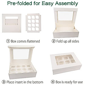 LotFancy Cupcake Boxes 12 Count, 8 Pack, Dozen Cupcake Containers with Window and Inserts, White Bakery Boxes, Disposable Pastry Carrier Holders for Cookies, Treats, Dessert, Muffins