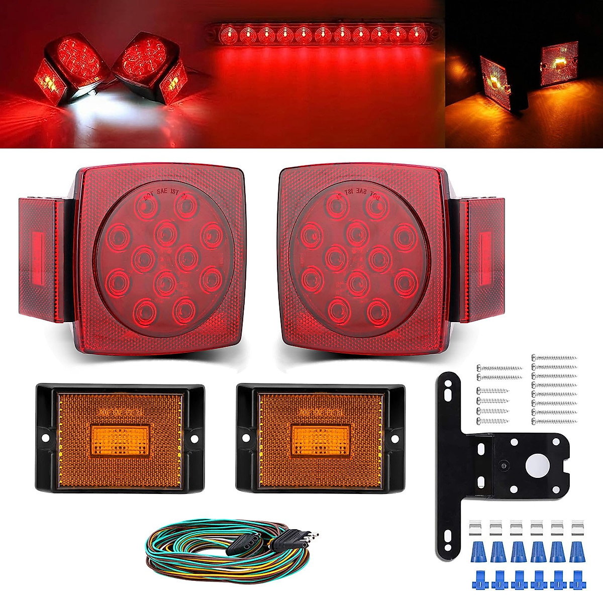 LIMICAR Trailer Light Kit, Trailer Lights LED Kit with Amber Trailer Marker Lights Trailer Wire License Plate Bracket, Trailer Wiring Harness Kit for Truck Boat Trailer RV Marine Under 80"
