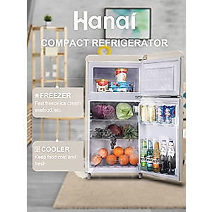 WANAI Compact Refrigerator 3.2 Cu.Ft Retro Cream Fridge With Freezer 2 Door Mini Refrigerator with 7 TEMP Modes, Removable Shelves, LED Lights, Ideal for Apartment Dorm and Office, Cream