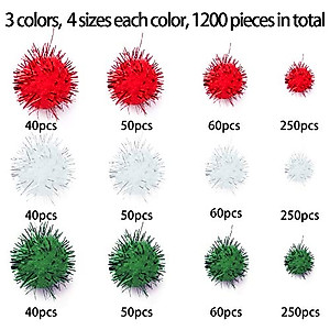 BQTQ 1200 Pieces Christmas Pom Pom Tinsel Pom Pom Balls Glitter Fluffy Pom Pom for Craft Making and Christmas Decorations (4 Sizes, White, Green, Red)