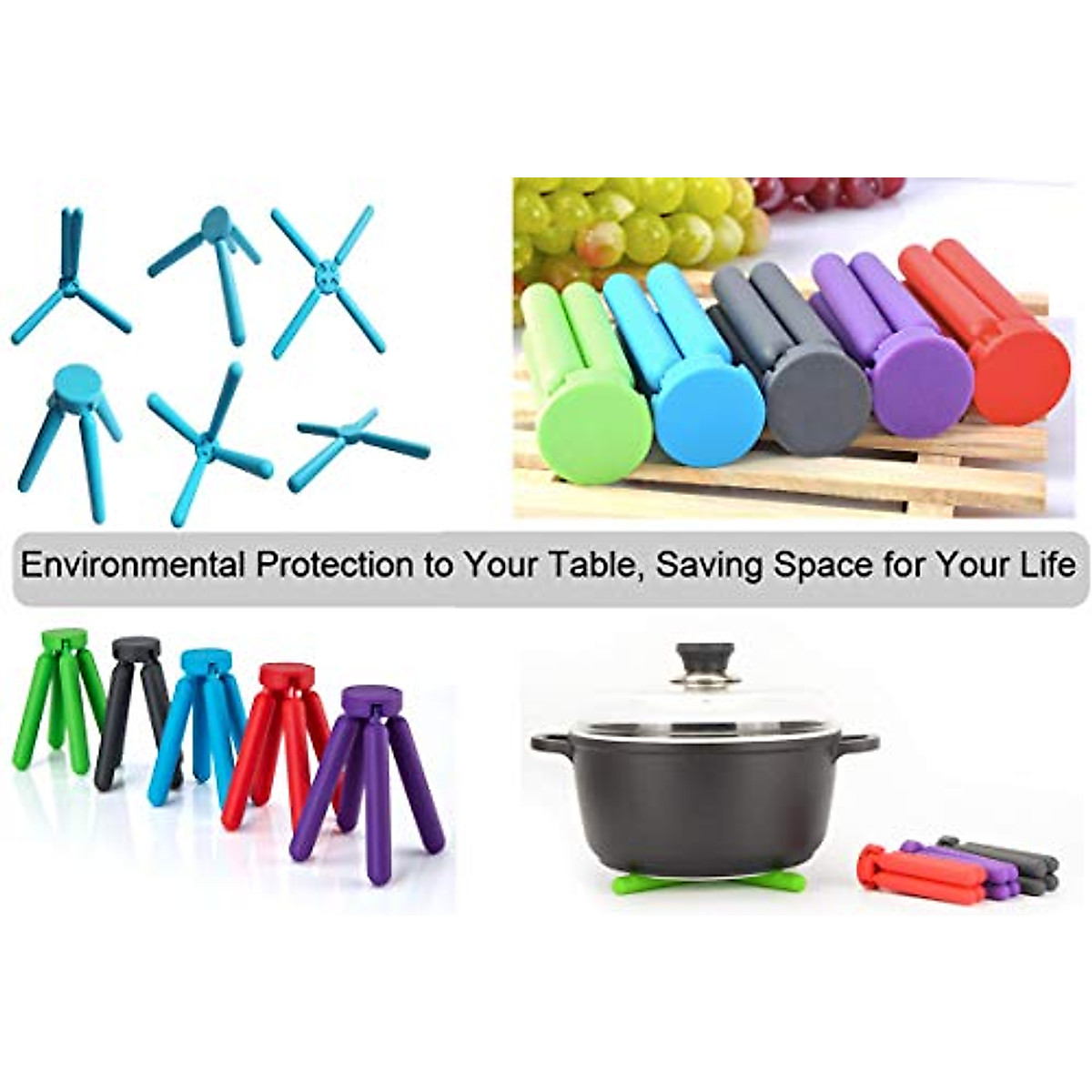 KSENDALO 5 Pack Thick Silicone Trivets for Hot Dishes Eco-Friendly Foldable Trivets for Hot Pots and Pans Folding Trivet Save Much Space for Kitchen Home, Multi-Color
