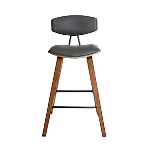 Armen Living Fox 25.5" Counter Height Grey Faux Leather and Walnut Wood Mid-Century Modern Bar Stool