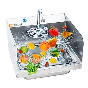 HOCCOT 304 Stainless Steel Sink, Wall Mounted Commercial Restaurant Sink, Hand Washing Sink with Side Splashes, Utility Sink for Restaurant, Kitchen, Bar, Outdoor, Garage, 17"x 15"