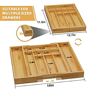 Chubangshou Utensil Organizer Silverware Drawer Organizer for Kitchen Drawer, Expandable Cutlery Tray Bamboo Flatware Organizer for Utensils, Knives, Cookware, 8-Compartment（Natural）