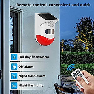 Solar Sound & Strobe Light Alarm with Motion Detector and Remote Controller 120db Sound Security Siren Light IP67 Waterproof 24 Hours+4 Mode for Home, Farm,Barn,Villa,Yard,Garden