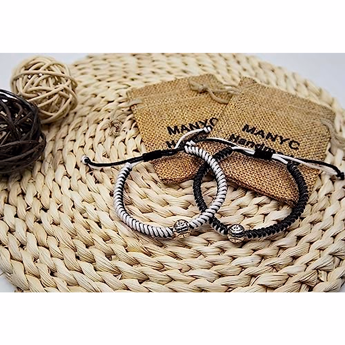 MANYC Basketball Bracelets Adjustable for Boys, Girls, and Adults Handmade Gifts for Basketball Players (Black white 2PCS)